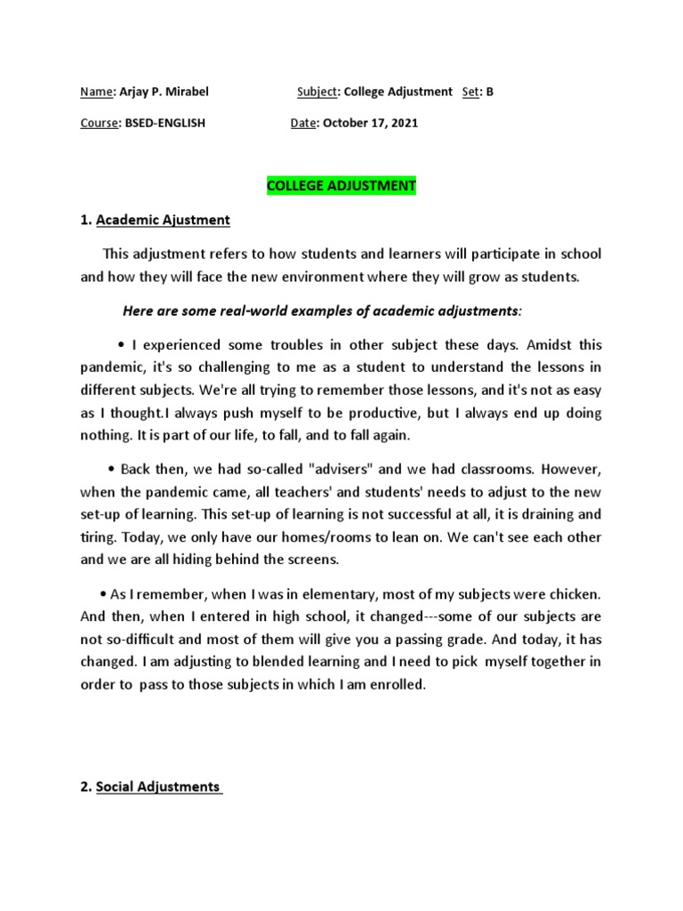 College Adjustment | PDF | Socialization | Learning