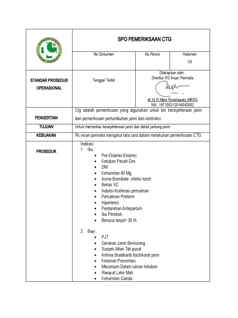 Prosedur Pemeriksaan CTG di RS | PDF