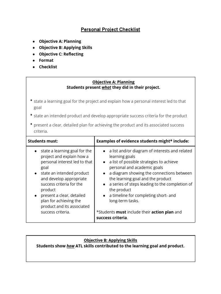 Personal Project Checklist | PDF | Goal | Learning