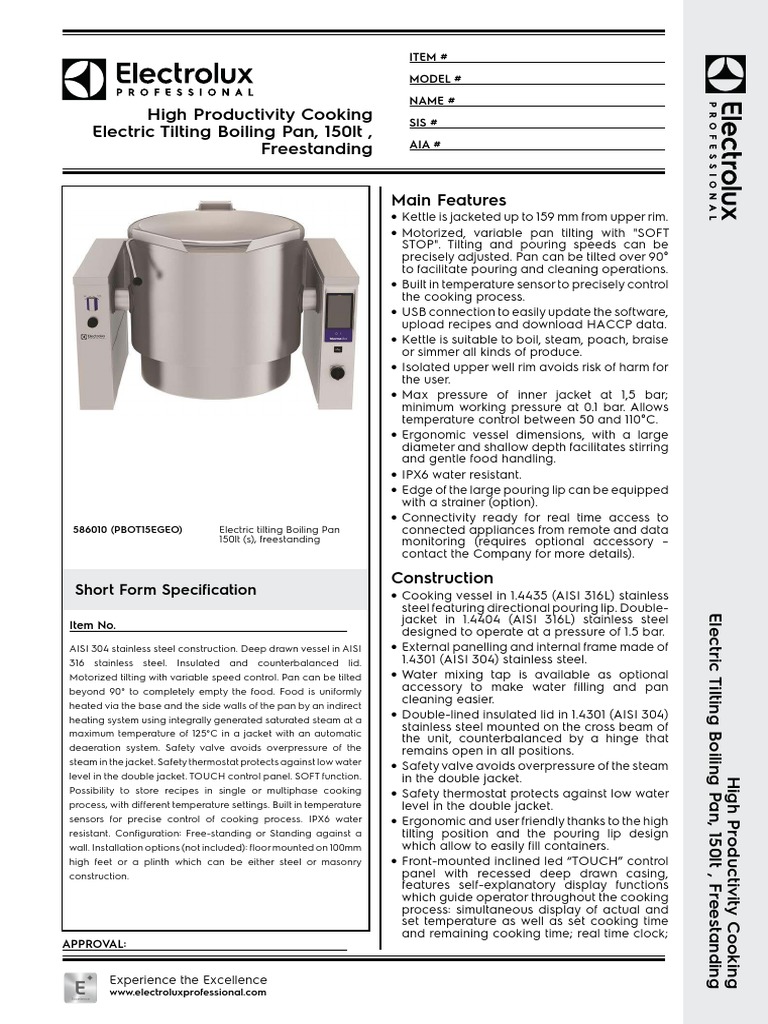 Electrolux Boiling Pan 150L | PDF | Water Heating | Manufactured Goods