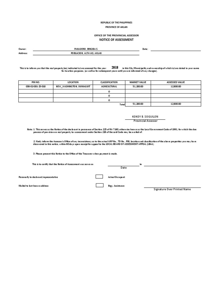 Notice of Assessment for Property Tax | PDF | Tax Assessment | Taxation