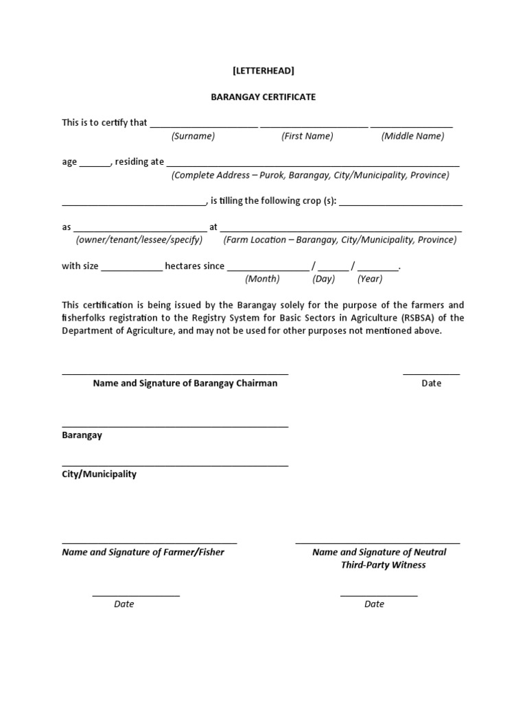 Barangay Certification for RSBSA Registration | PDF