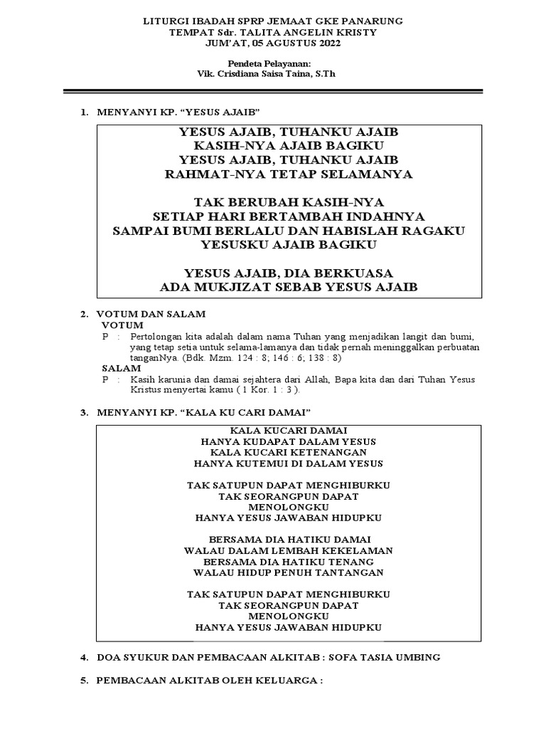 Liturgi Ibadah SPRP Jemaat Gke Panarung 5 Agustus | PDF