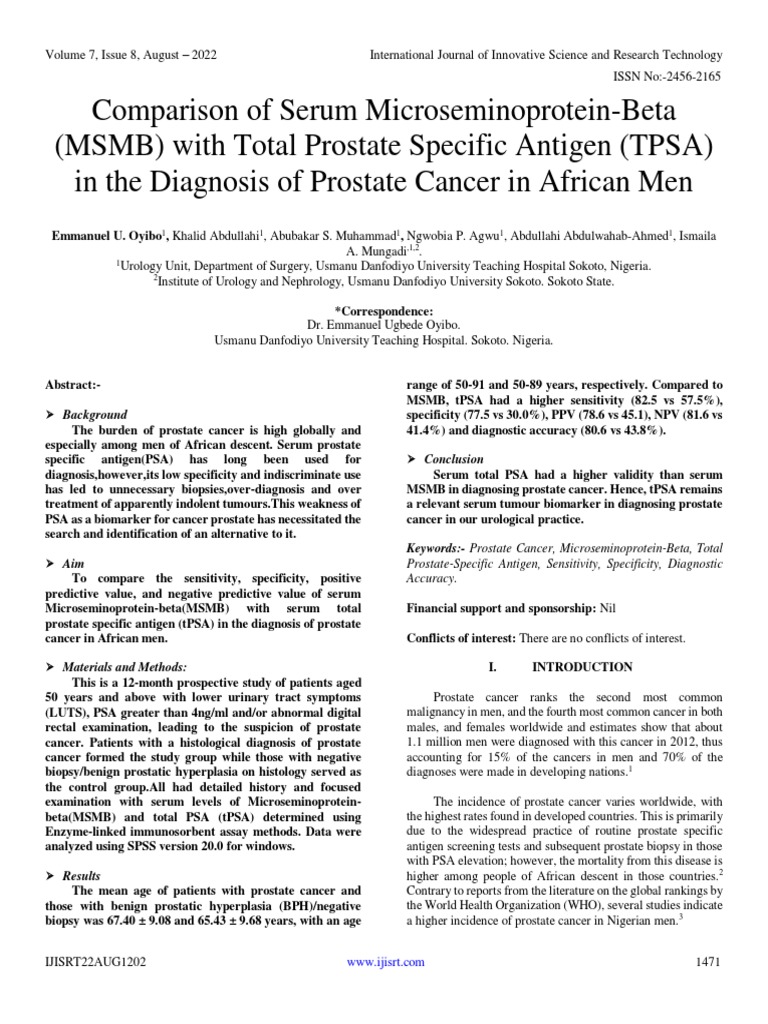 Comparison of Serum Microseminoprotein-Beta (MSMB) With Total Prostate ...