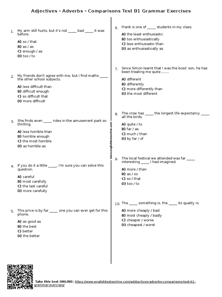 496 - Adjectives Adverbs Comparisons Test b1 Grammar Exercises | PDF ...