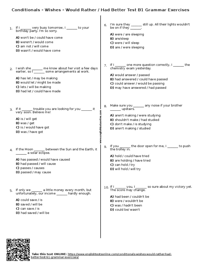 491 - Conditionals Wishes Would Rather Had Better Test b1 Grammar ...