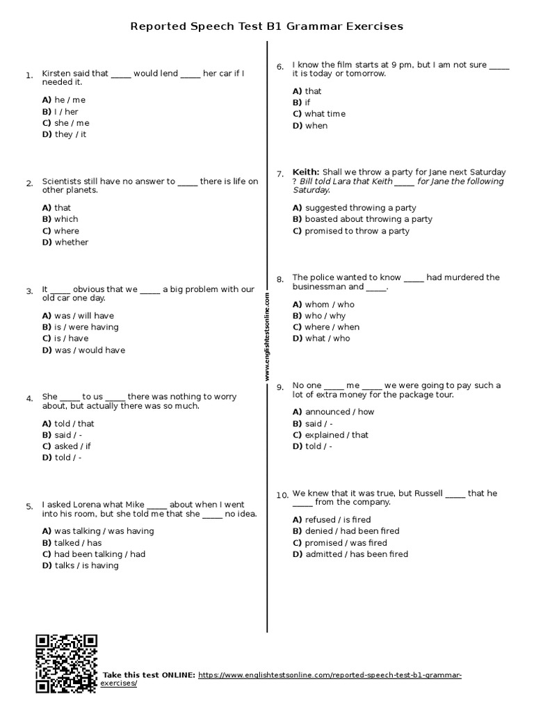 493 - Reported Speech Test b1 Grammar Exercises | PDF