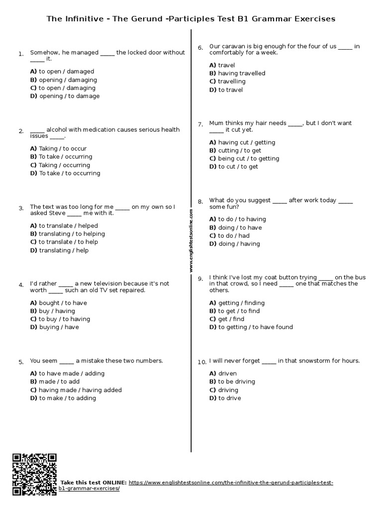 487 - The Infinitive The Gerund Participles Test b1 Grammar Exercises | PDF