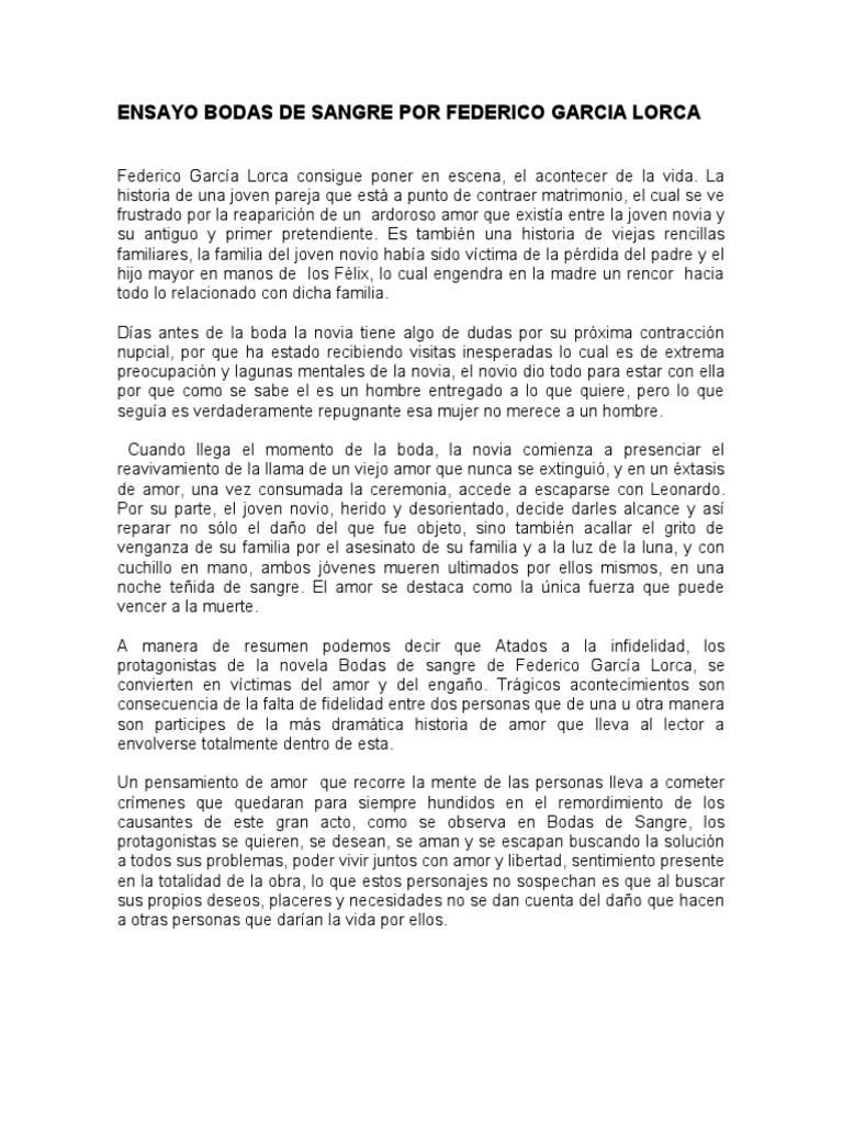 Ensayo Bodas de Sangre Por Federico Garcia Lorca | PDF | Amor