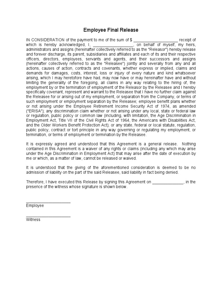 Final Release, Employee | PDF | Employment | Legal Liability