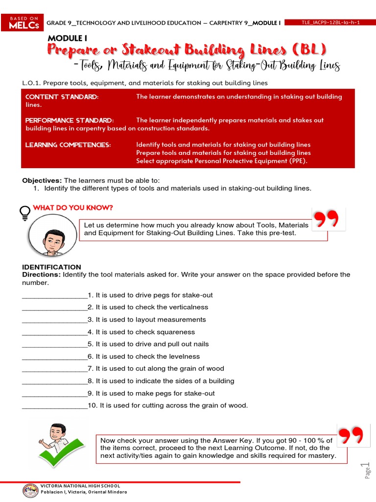 LESSON 4 - Tools, Materials and Equipment For Staking-Out With Work Sheets and Activities | PDF ...