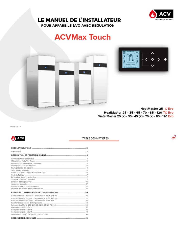 Manual ACV Max20 Touch Evo FR | PDF | Chaudière | Écran d'ordinateur