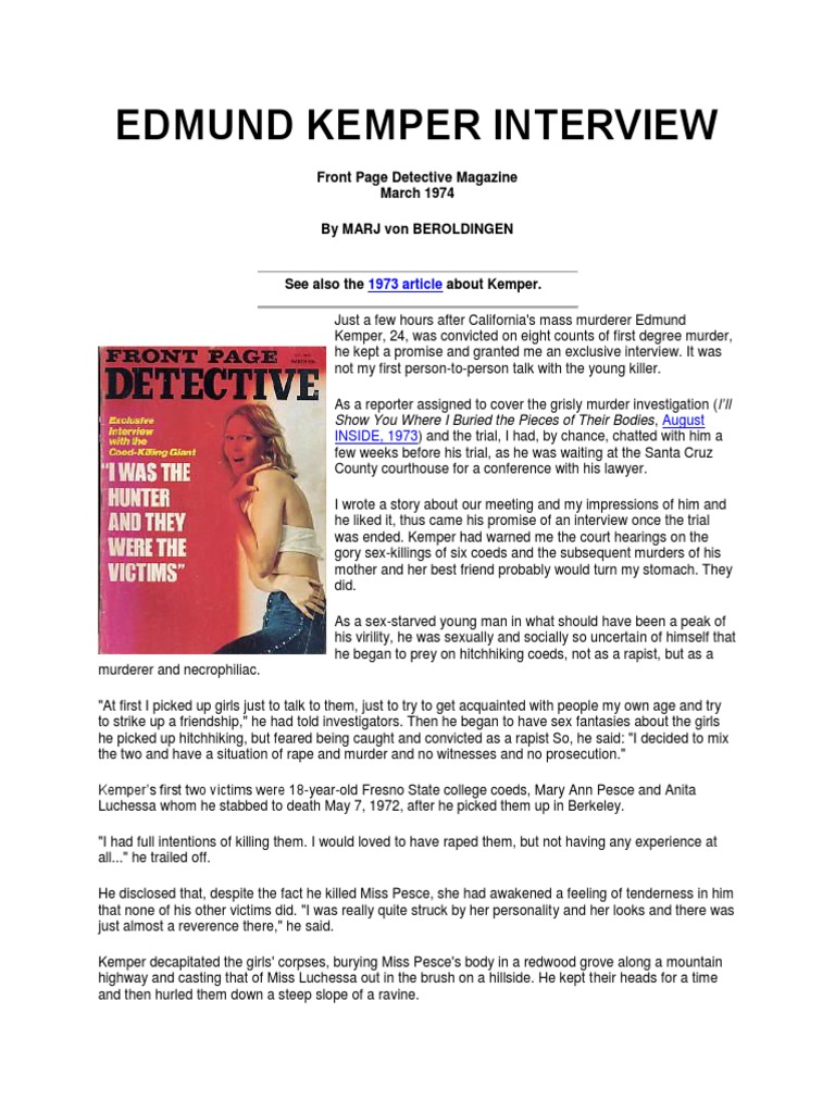 Edmund Kemper - Front Page Detective Magazine, March 1974, Interview ...