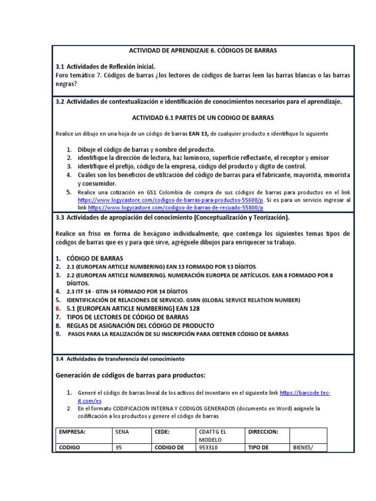 Actividad 6. Codigos de Barras | Descargar gratis PDF | Código de barras | De entrada y salida