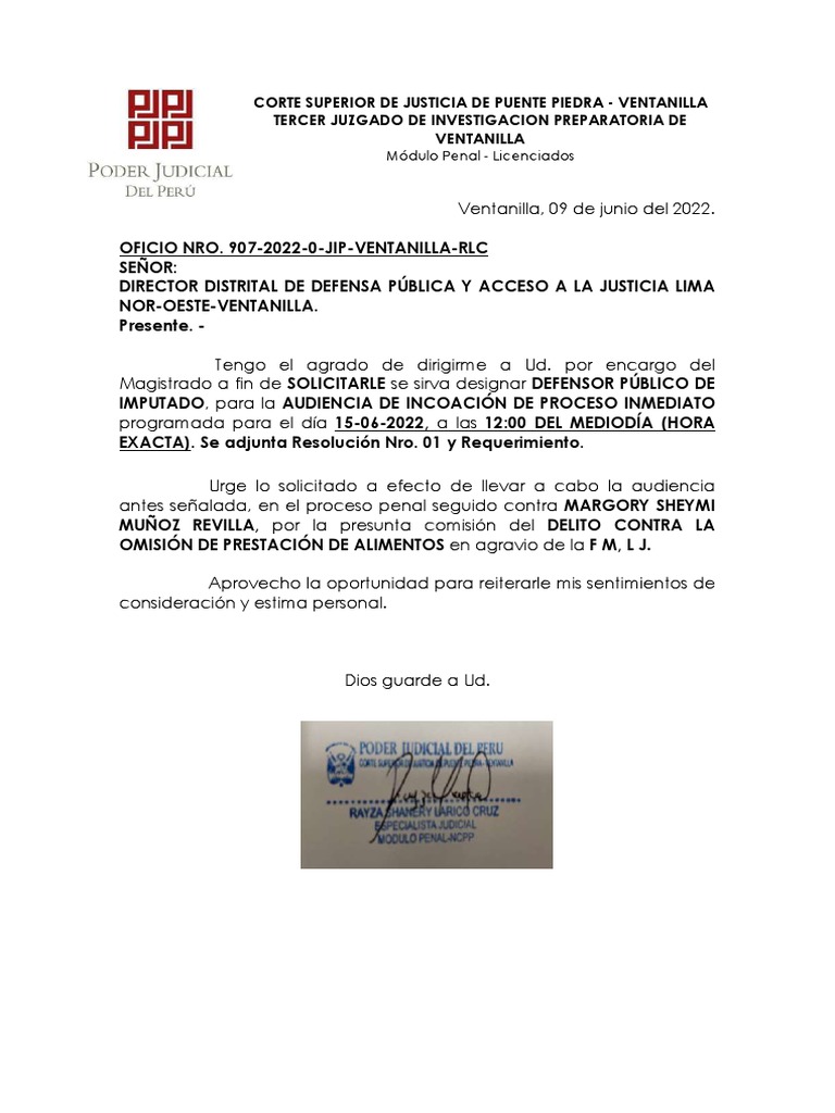 OFICIO NRO. 907-2022 - Compressed | PDF | Pensión alimenticia | Derecho penal