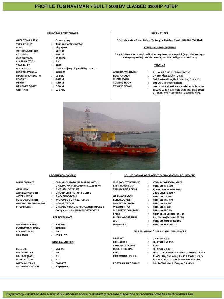Twin Screw Tug Specifications 2008 | PDF | Tugboat | Anchor