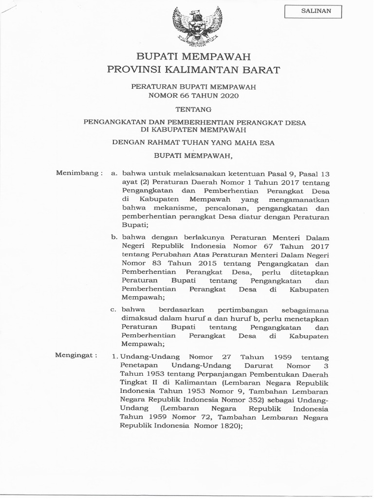 Perbub 66 Tahun 2020 Tentang Pengangkatan Dan Pemberhentian Perangkat ...