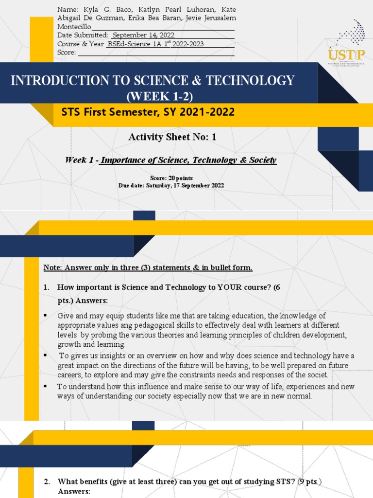 WEEK 1-2 - GROUP ACTIVITY-1-Importance of STS GROUP 4 - 28C5C | PDF | Science | Learning