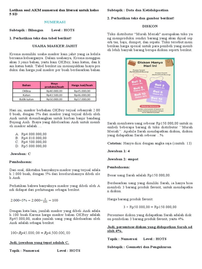 Latihan Soal AKM Numerasi Dan Literasi Untuk Kelas 5 SD | PDF