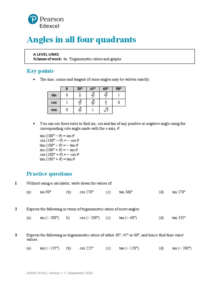 Example 1 Chapter 10 Angles in All Four Quadrants | PDF | Trigonometric Functions | Mathematical ...
