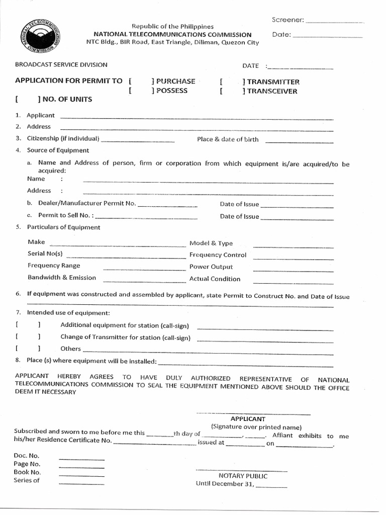 Application For Permit To Purchase and Possess Transmitter ...