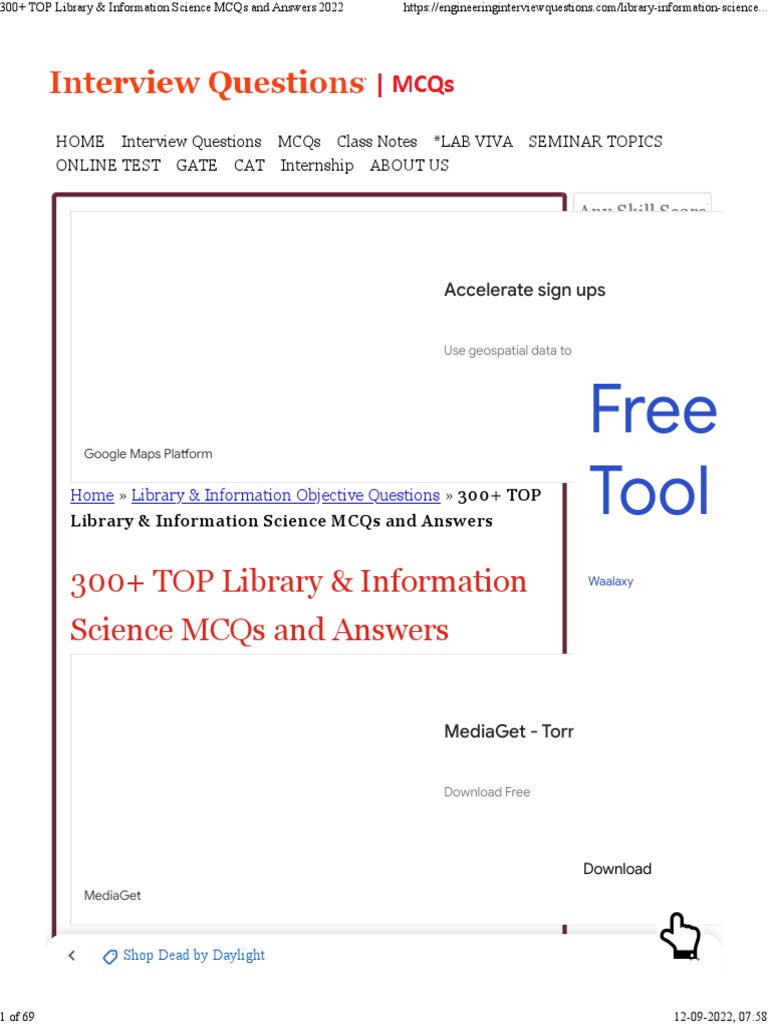 300+ TOP Library & Information Science MCQs and Answers 2022 | PDF | Libraries | Information Science
