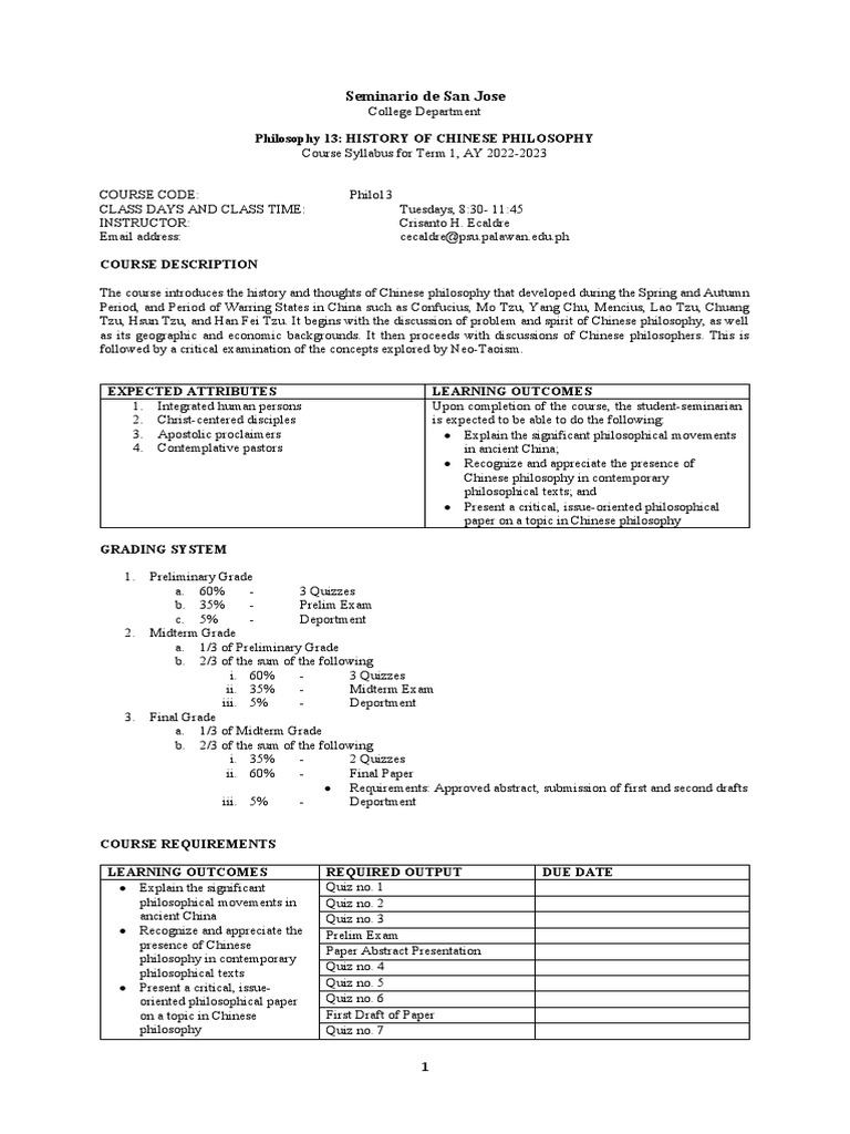 Philo 13 Course Syllabus | PDF | Plagiarism | Chinese Philosophy