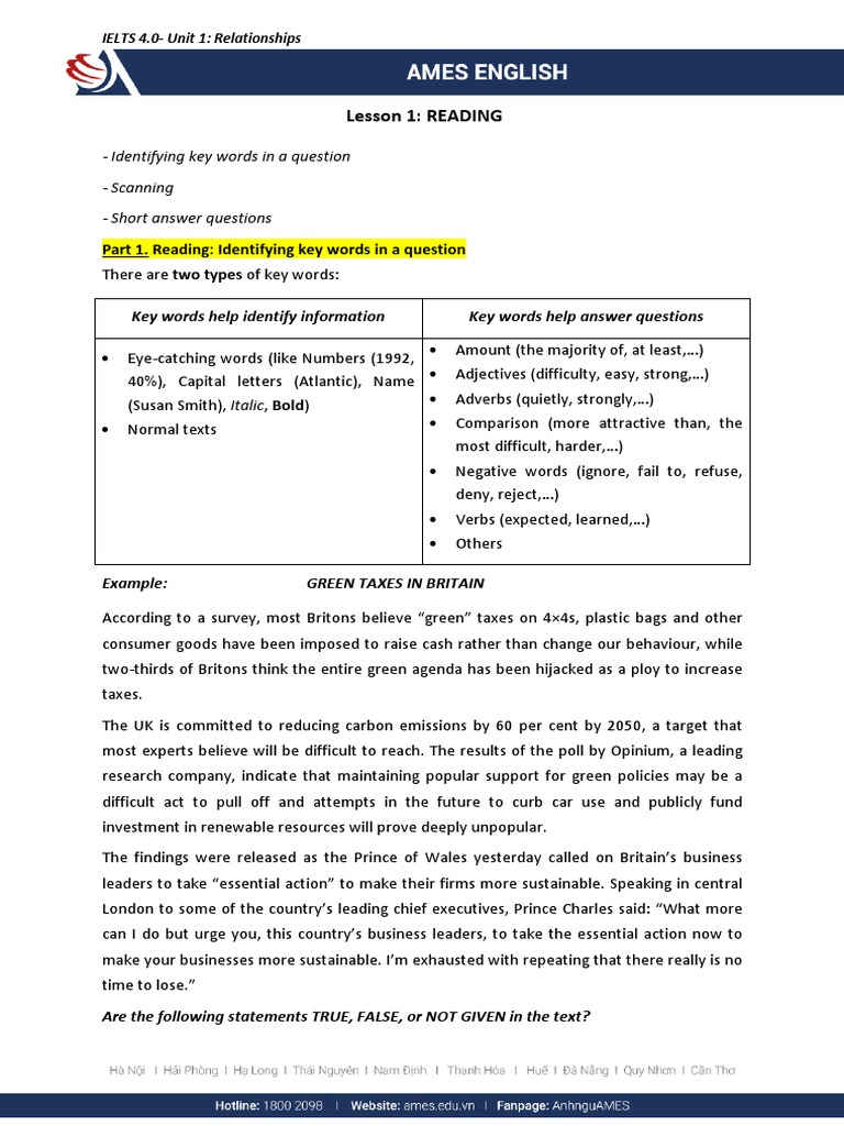 Lesson 1: READING: - Identifying Key Words in A Question - Scanning ...