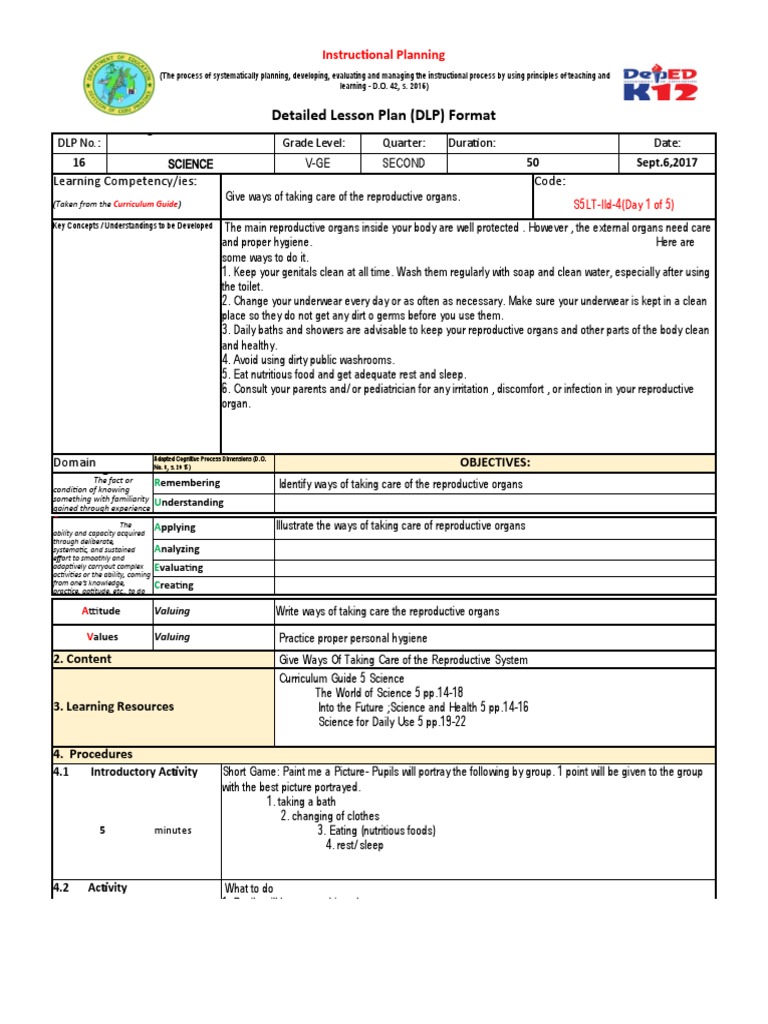 Detailed Lesson Plan (DLP) Format: Learning Competency/ies: Code | PDF | Learning | Hygiene