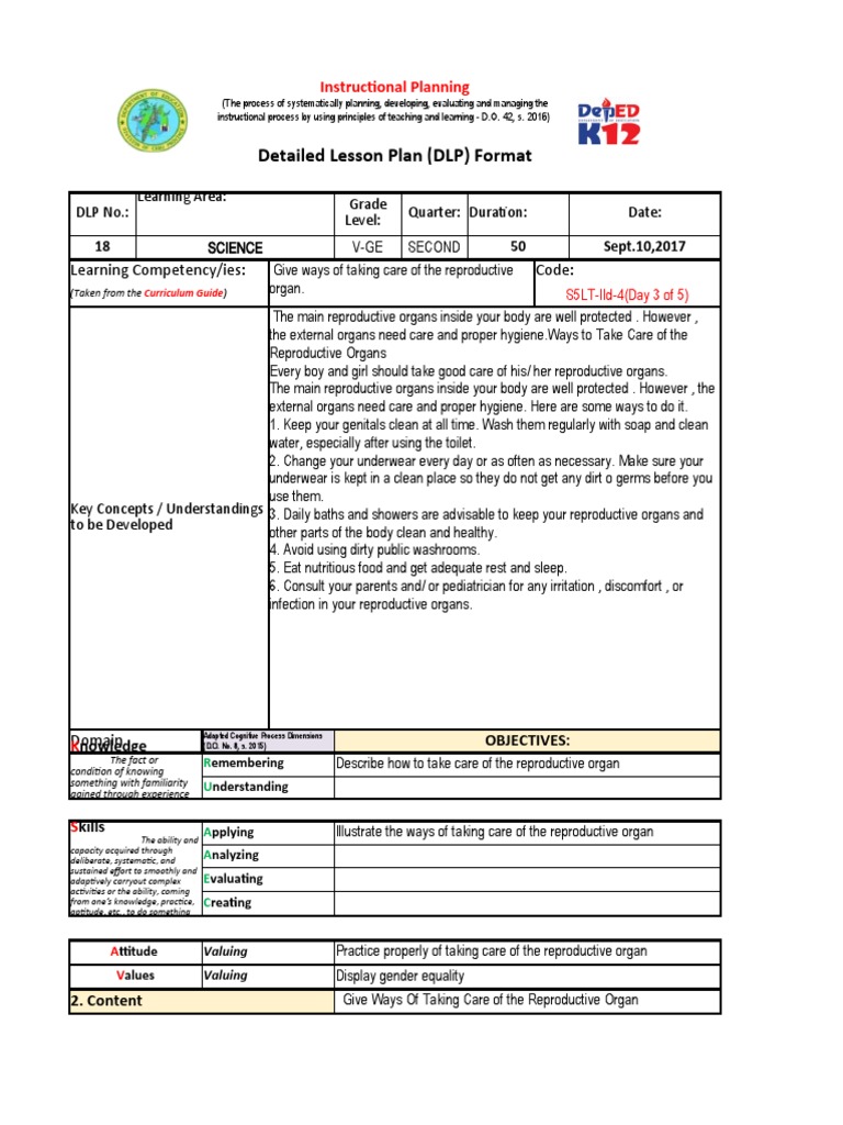 Detailed Lesson Plan (DLP) Format: Instructional Planning | PDF | Learning | Hygiene