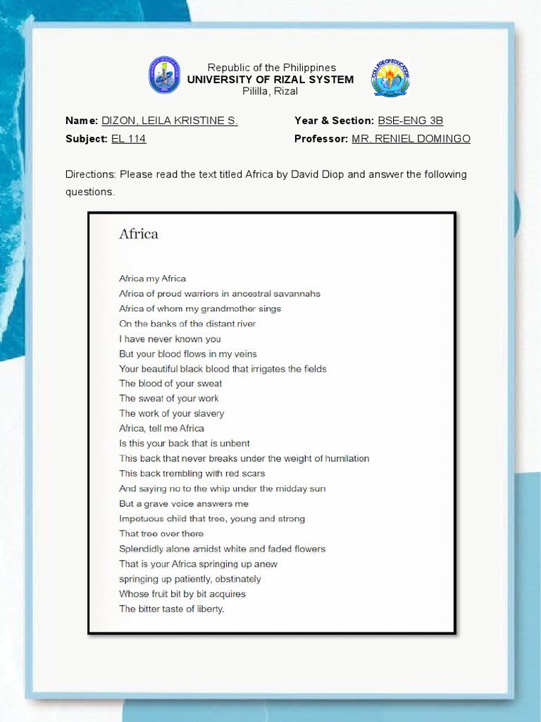 1 - Africa by David Diop | PDF | Poetry | Rhyme