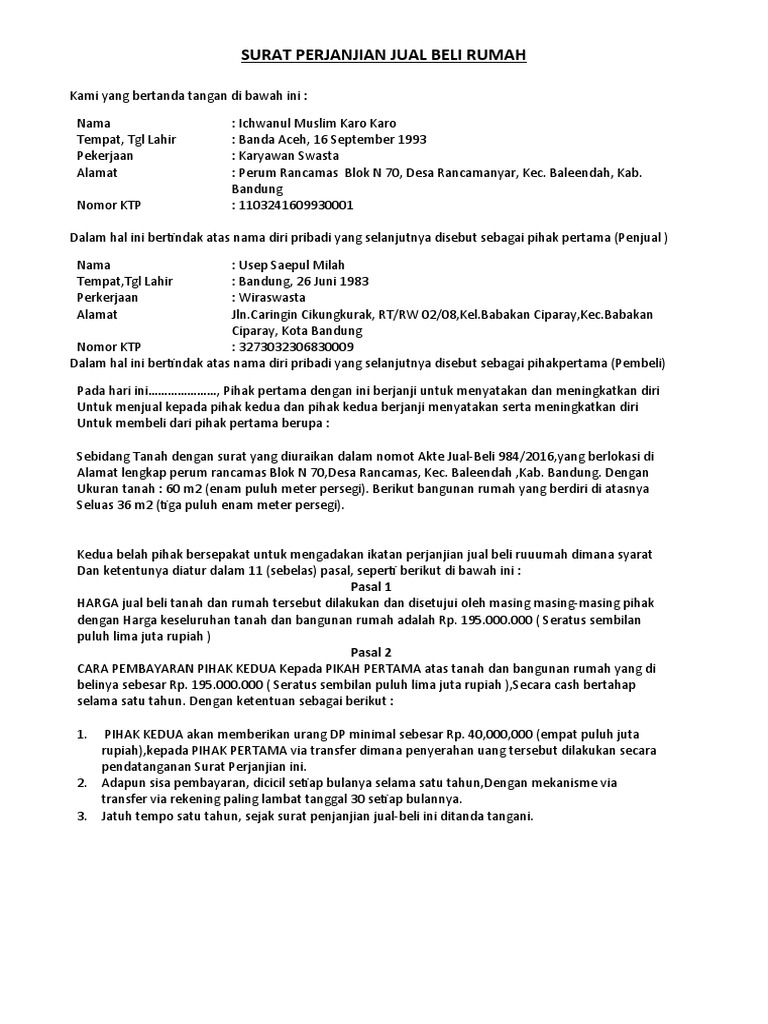 Surat Jual Beli Rumah | PDF
