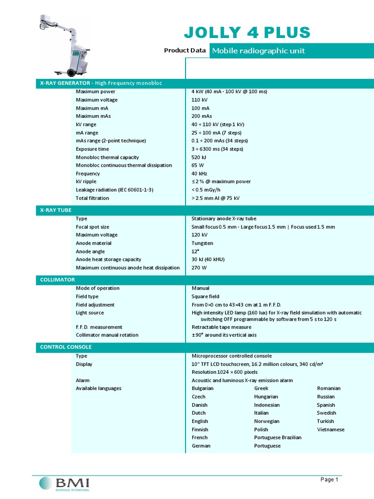 Jolly 4 Plus Mobile X-Ray Unit Specs | PDF | X Ray | Radiography