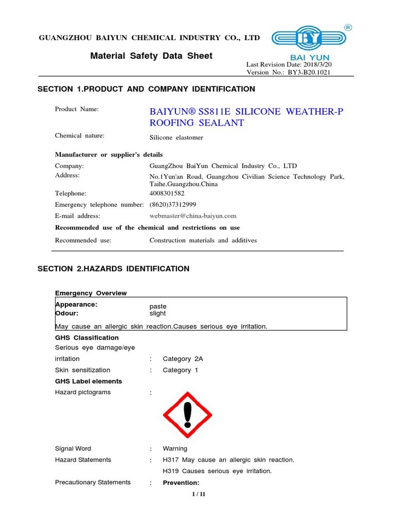 Ss811e MSDS en | Download Free PDF | Toxicity | Personal Protective ...