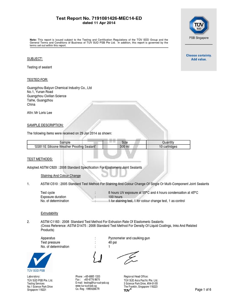 SS811E TUV Testing Guangzhou Baiyun Chemical Industry | PDF ...