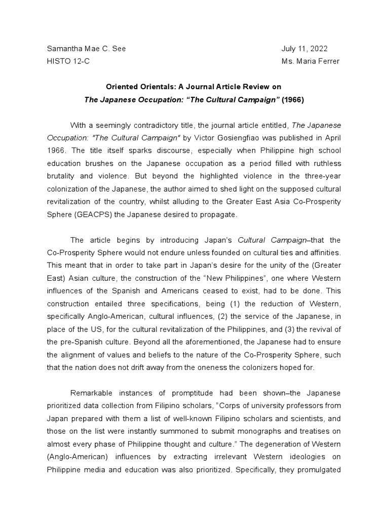 Oriented Orientals: A Journal Article Review On The Japanese Occupation ...