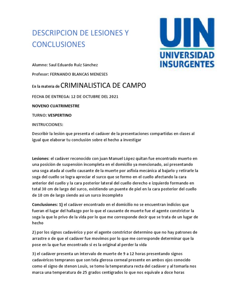 Descripcion de Lesiones y Conclusiones | PDF | Muerte