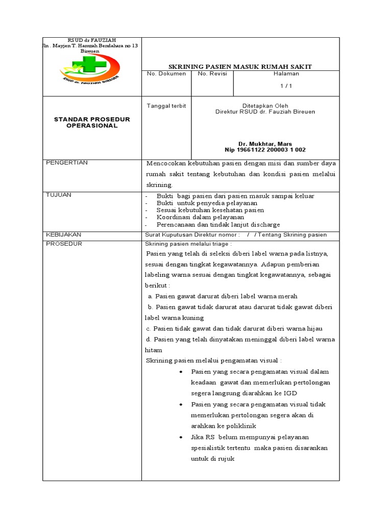 Prosedur Skrining Pasien RSUD Bireuen | PDF