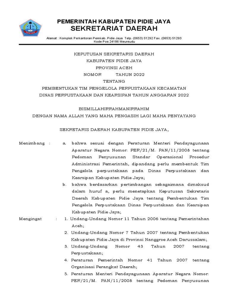 Contoh SK Sekda Pengelola Perpustakaan Kecamatan | PDF
