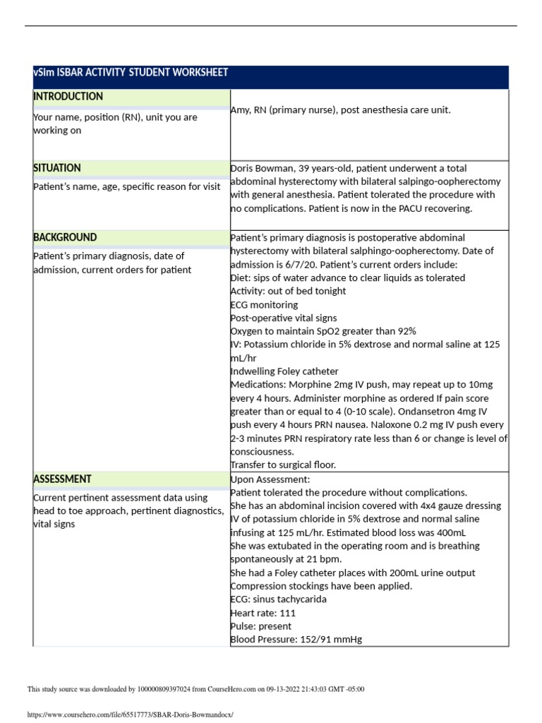 SBAR Doris Bowman | Download Free PDF | Anesthesia | Physiology