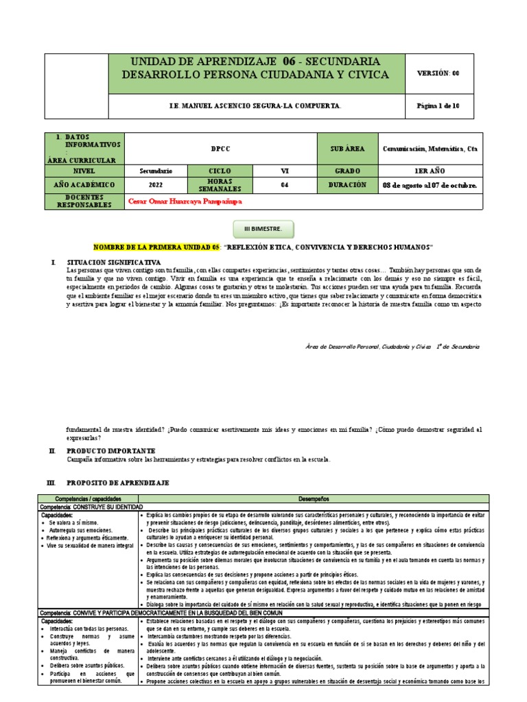 Unidad 5 6 Dpcc 1er Año Pdf Aprendizaje Evaluación 2426