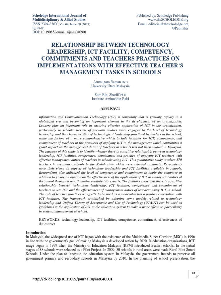 Relationship Between Technology Leadership, Ict Facility, Competency ...