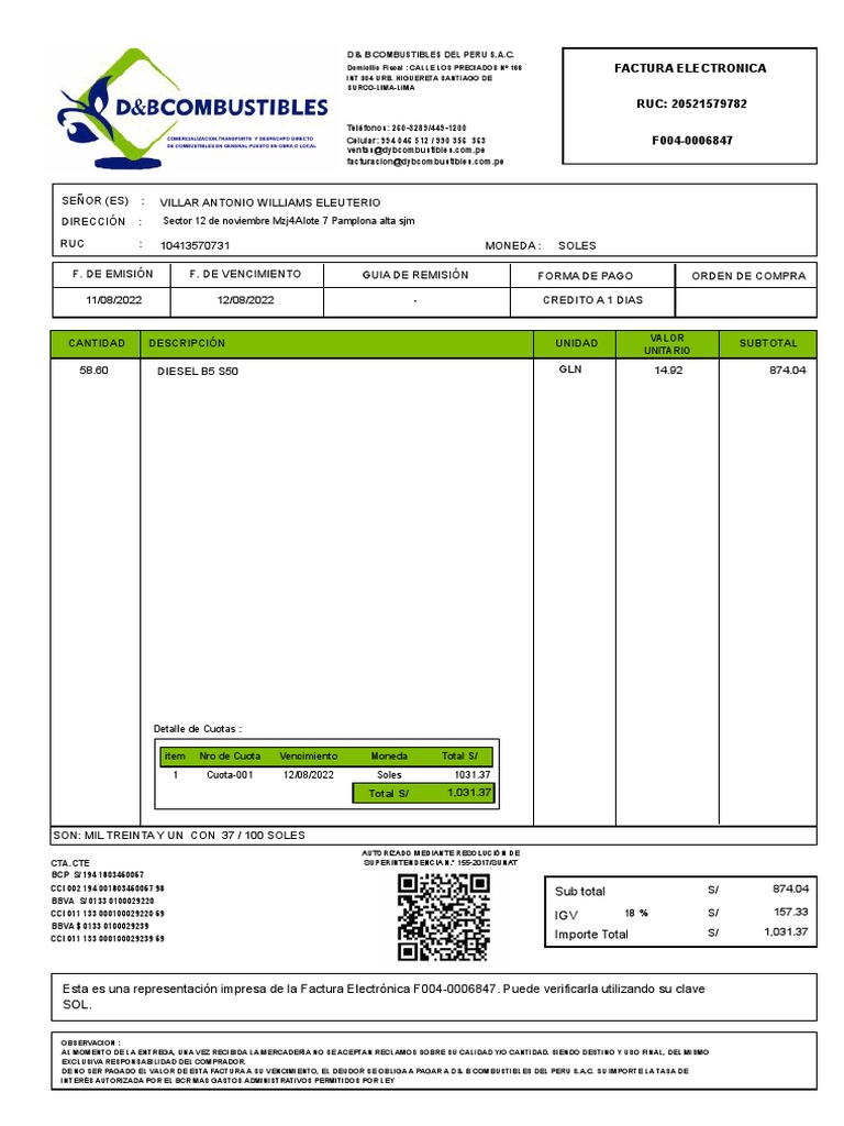 Factura F004 0006847 | PDF | Contabilidad | Bancario