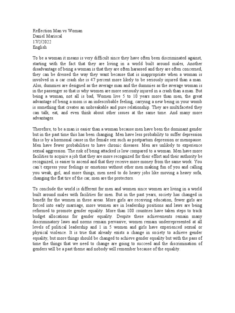 Reflection Man Vs Woman | PDF | Woman | Gender Studies