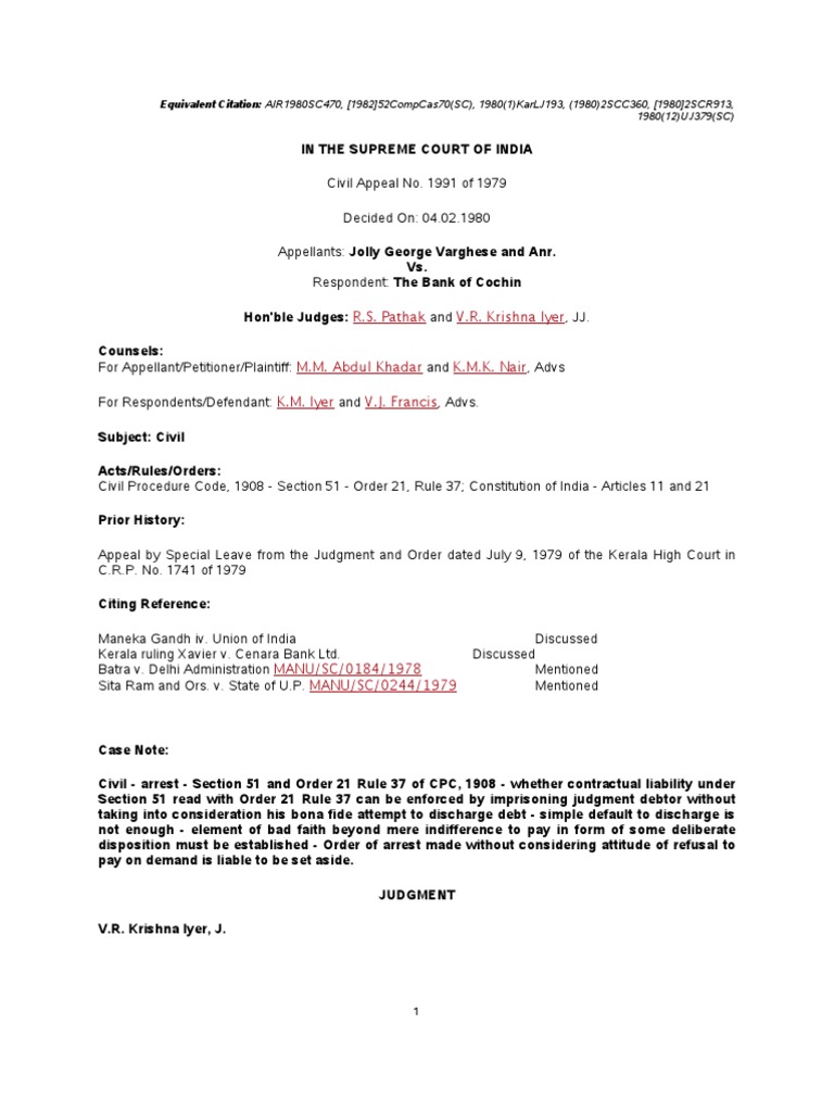 Jolly George Varghese and Anr V The Bank of Cochin - AIR 1980 SC 470 ...