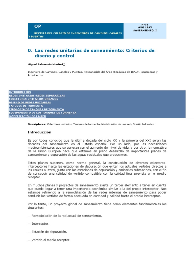 Diseño y control de redes unitarias de saneamiento | PDF | Lluvia | Tanques