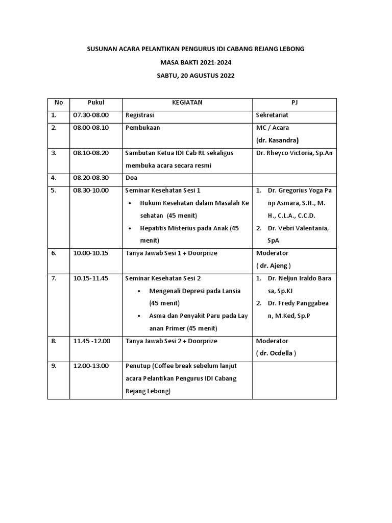 Rundown Acara Pelantikan Dan Seminar IDI | PDF
