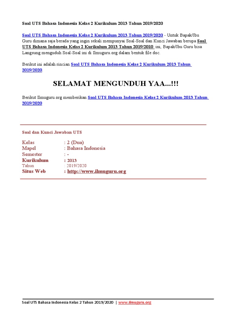 Ilmuguru - Org - Soal UTS Bhs Indonesia Kls 2-1 | PDF
