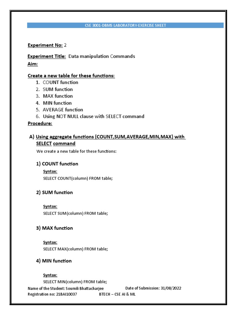 CSE 3001 Lab Exercise on Data Manipulation Commands | PDF | Data | Information Retrieval