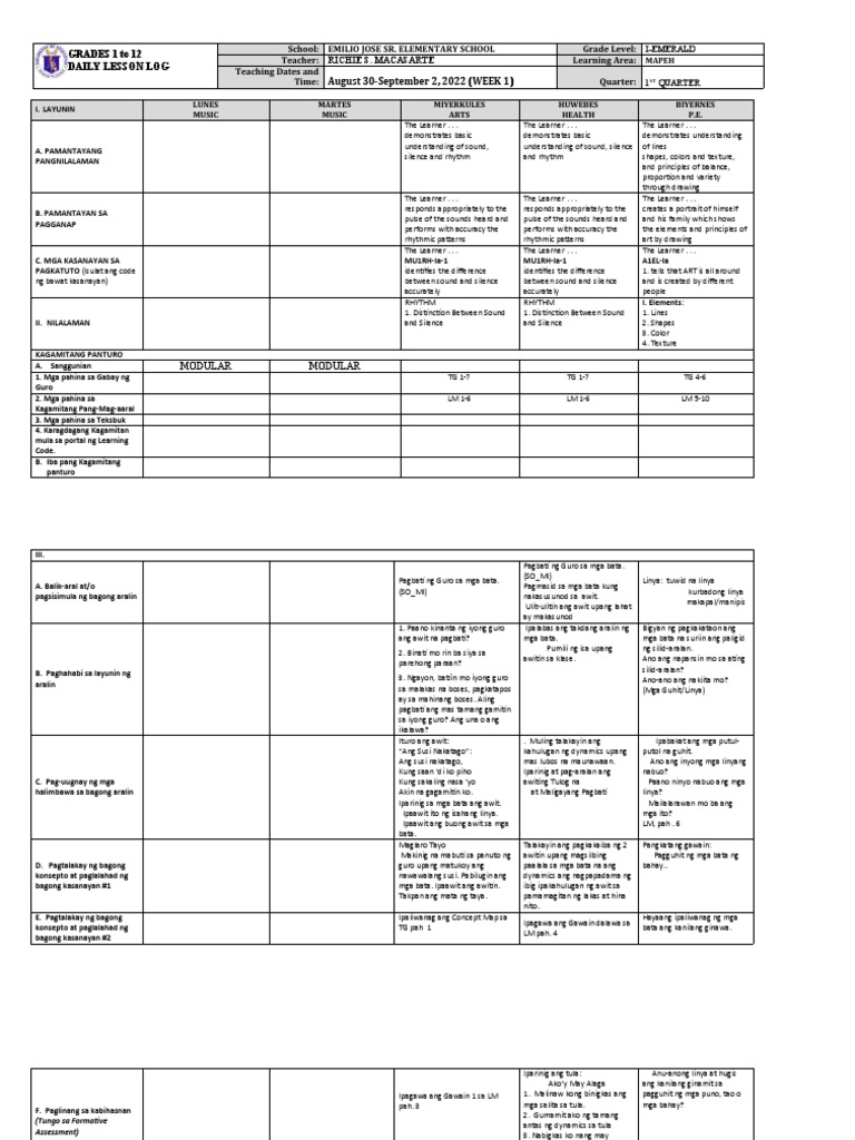 DLL - Mapeh 1 - Q1 - W1 | PDF